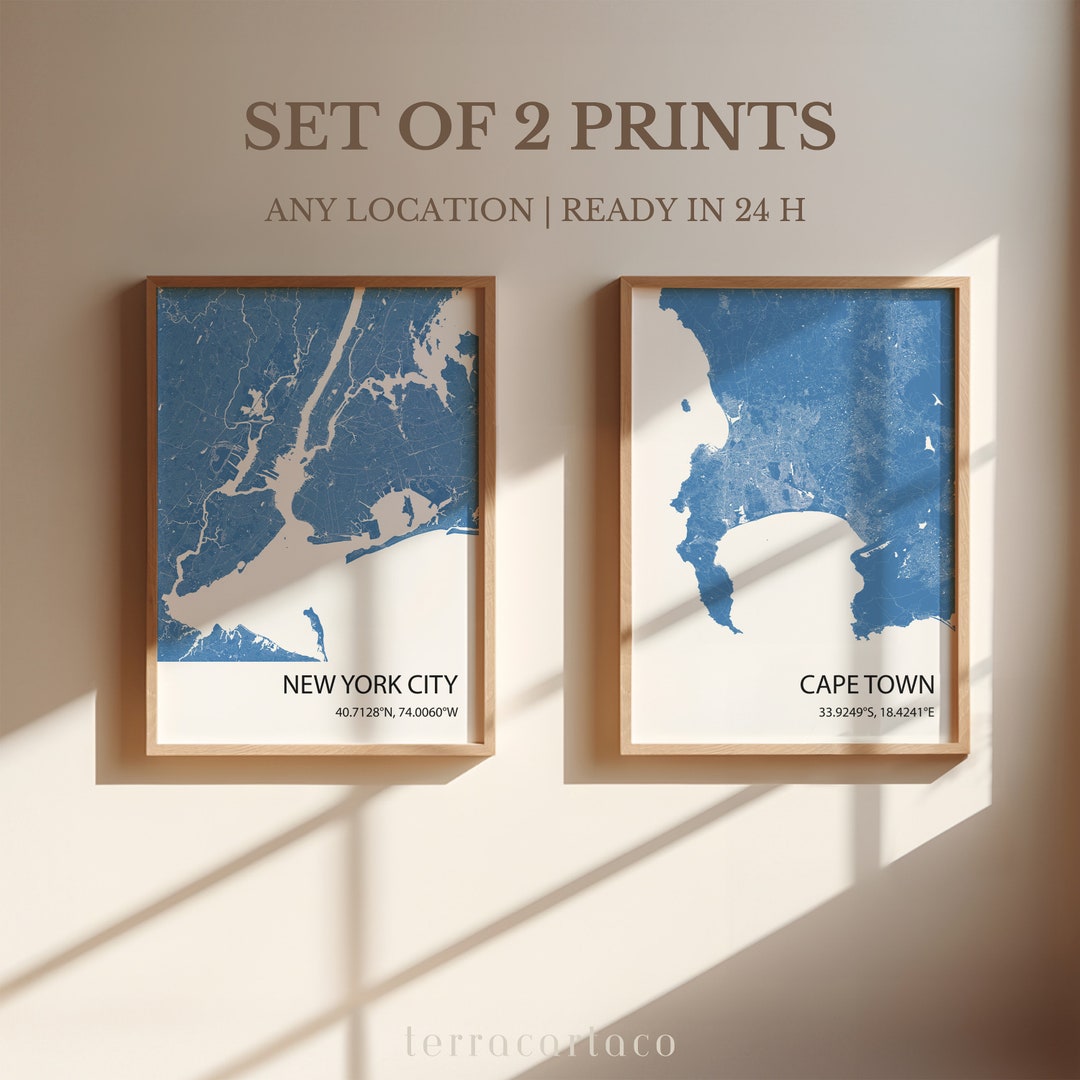 Set of 2 Custom Map Prints, Custom City Map, Personalized Map Print ...