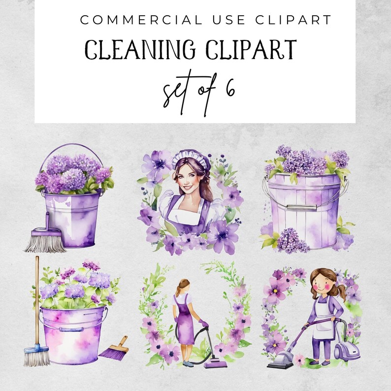 Watercolor Cleaning Clipart Bundle Pastel Purple Girly Cleaner Mop Bucket Maid Cleaning