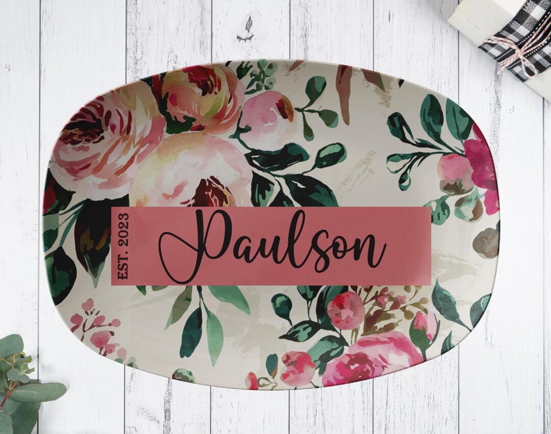 Personalized Family Name Serving Platter, Pink Floral, Personalized ...