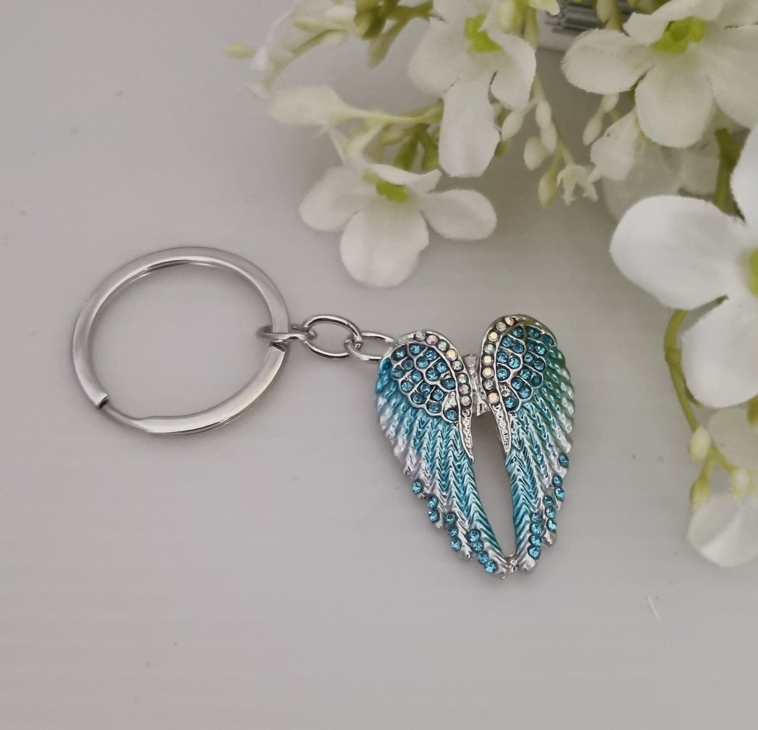 In Memory Blue Sparkling Angel Wings Keyring. Dye Plated - Etsy