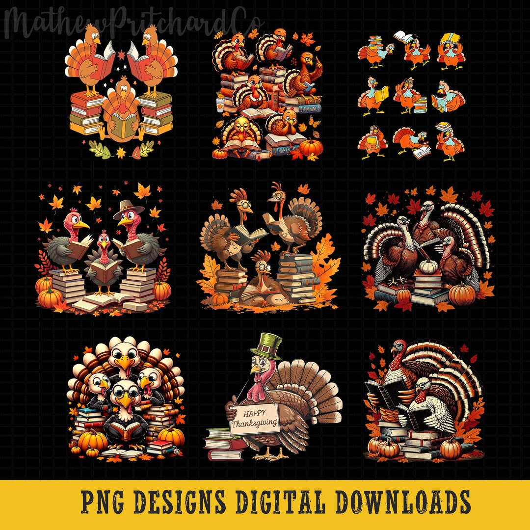9turkey Reading Books Fall Thanksgiving Png Bundle, Cute Turkey Book ...