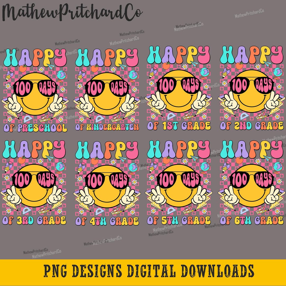 8 Retro Smiley Face Happy 100 Days of School Png Bundle, Happy 100 Days ...