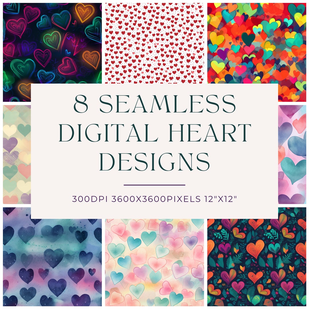 Set of 8 Lovely Seamless Heart Patterns - 3600x3600 Pixels, 300 DPI - Etsy