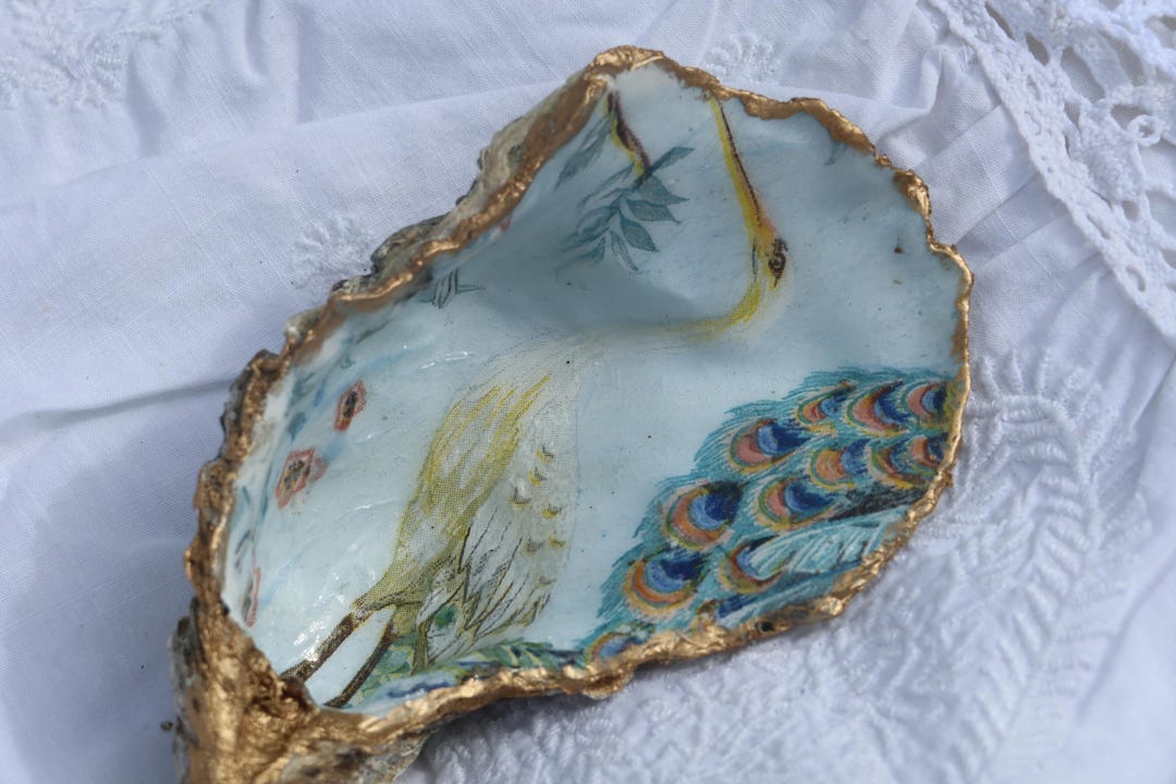 Large Decorative Oyster Shell Crane Bird Decoupage Gold Gilt Trinket ...
