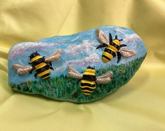 Bee Rocks, Set of 3 Painted Rocks, Resin Coated, Bee Gift, Bee Art ...
