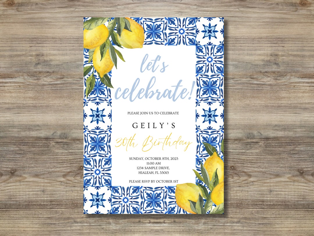 Italian Positano Birthday Invitation | Blue Tiles and Lemons Birthday ...