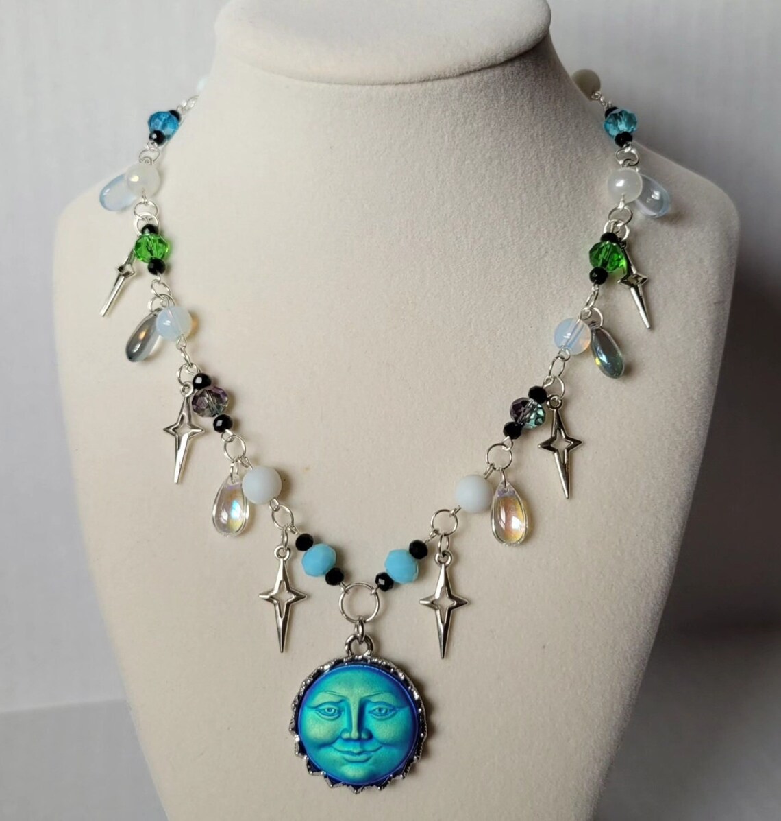 Blue Moon Face Iridescent Star Necklace-handmade Beaded Multicolor ...