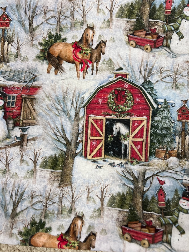Barnyard Beauty Horse Christmas Fabric, Red Barn, and Snowman by Susan ...