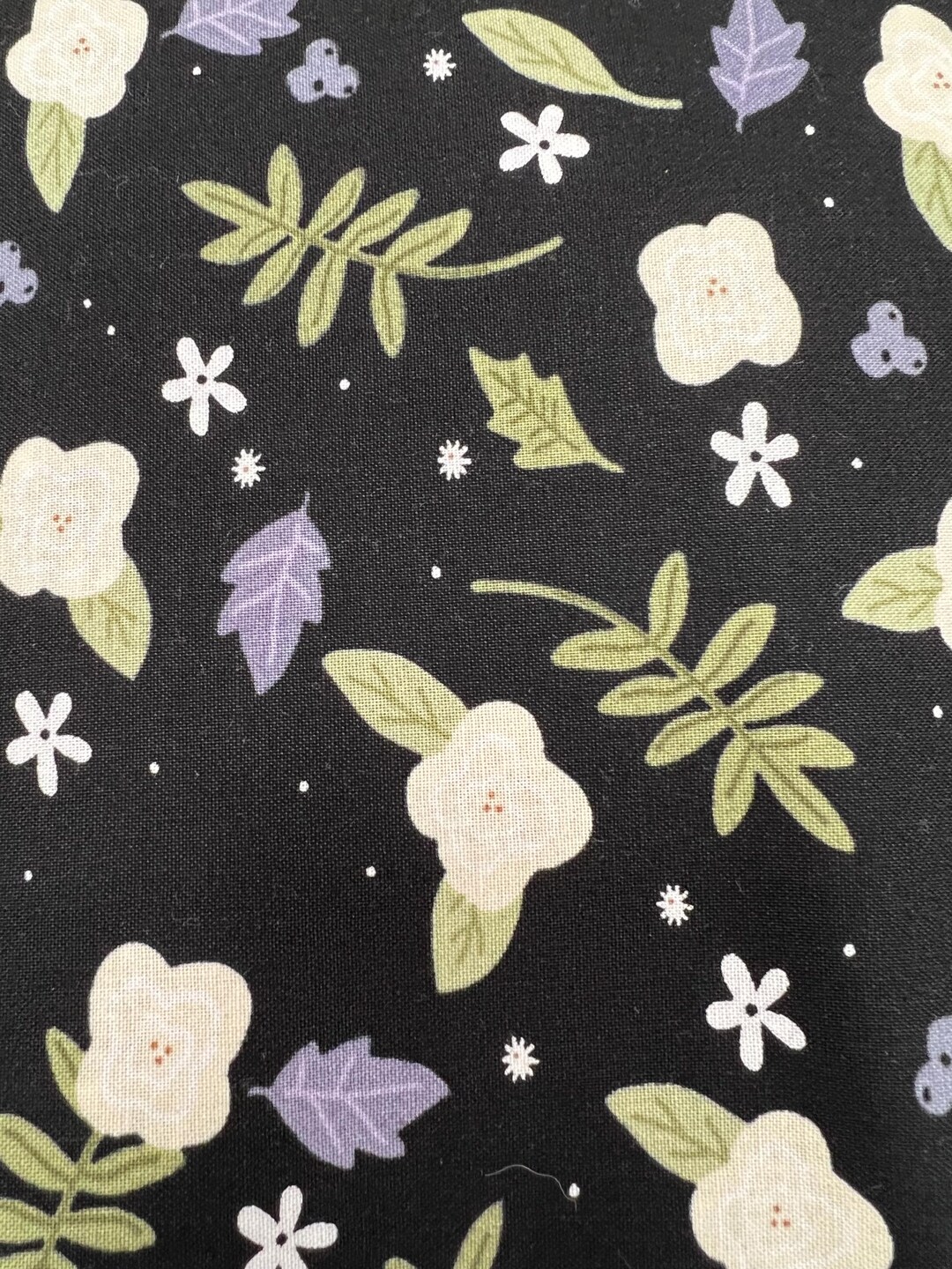 Quilt Fabric W Black Background With Cream/white and Lavender Flowers ...