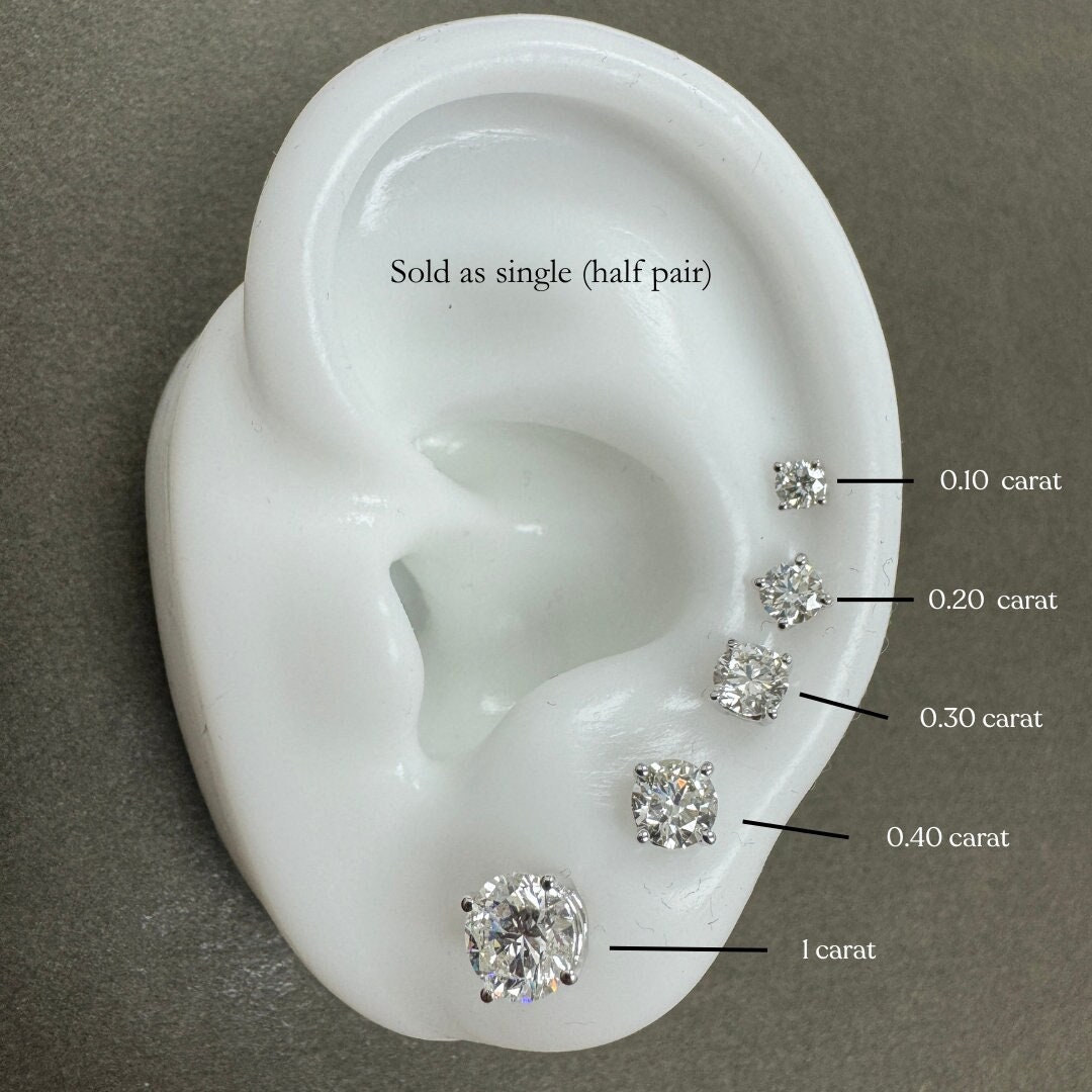 14K Solid Gold Real Natural Diamond Studs. SINGLE / Half Pair Earring ...