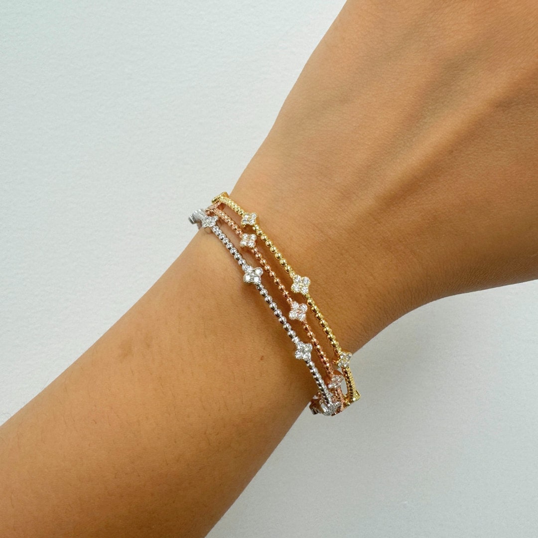 Real Natural Diamond Bracelet, Beaded Flexible Bangle, Flower Cluster ...