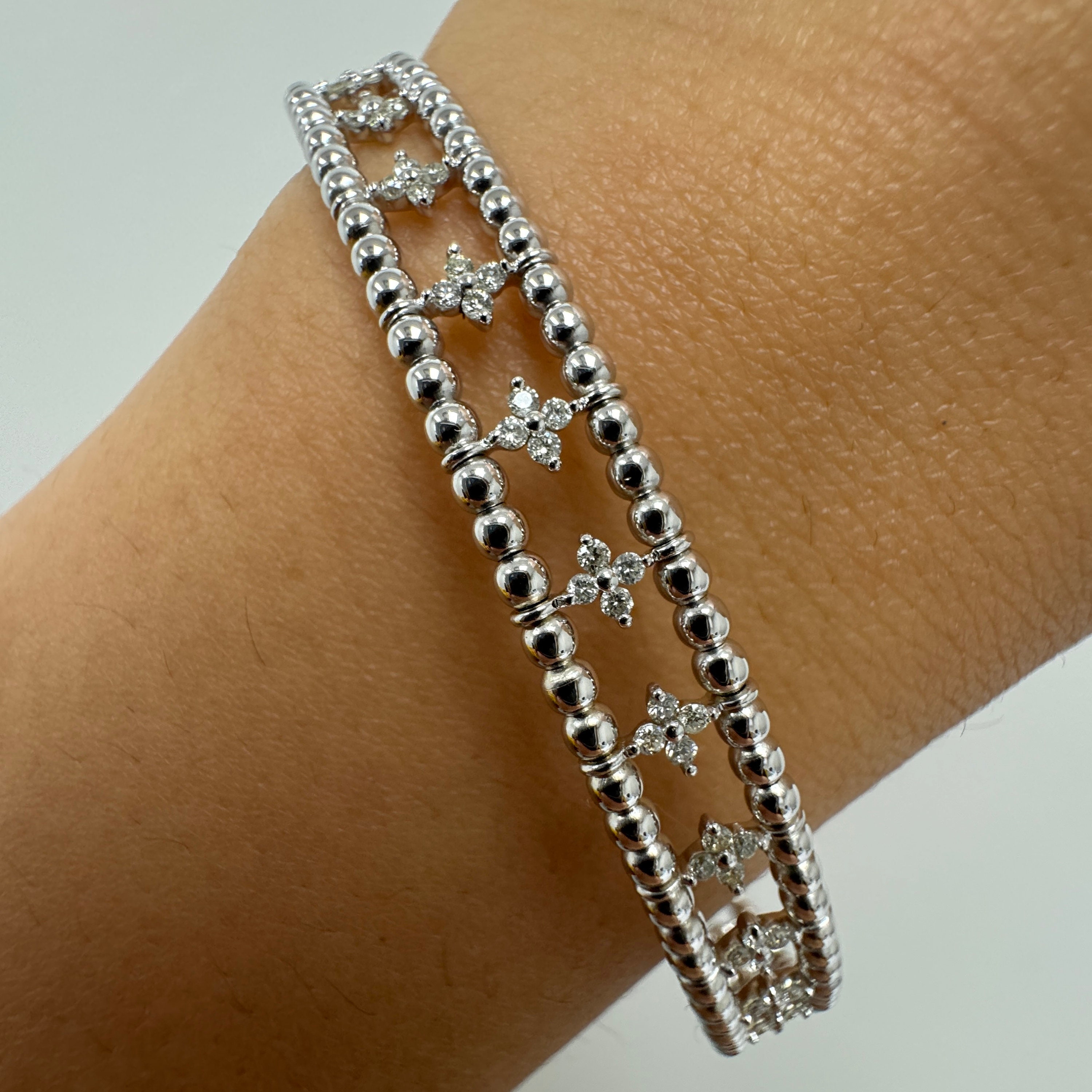 Lab Grown Diamond Bracelet, Beaded Flexible Bangle, Flower Cluster, 14k ...