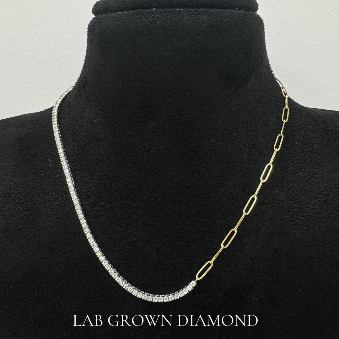 14K Solid Gold Half Lab Grown Diamond Tennis Half Paperclip Necklace ...