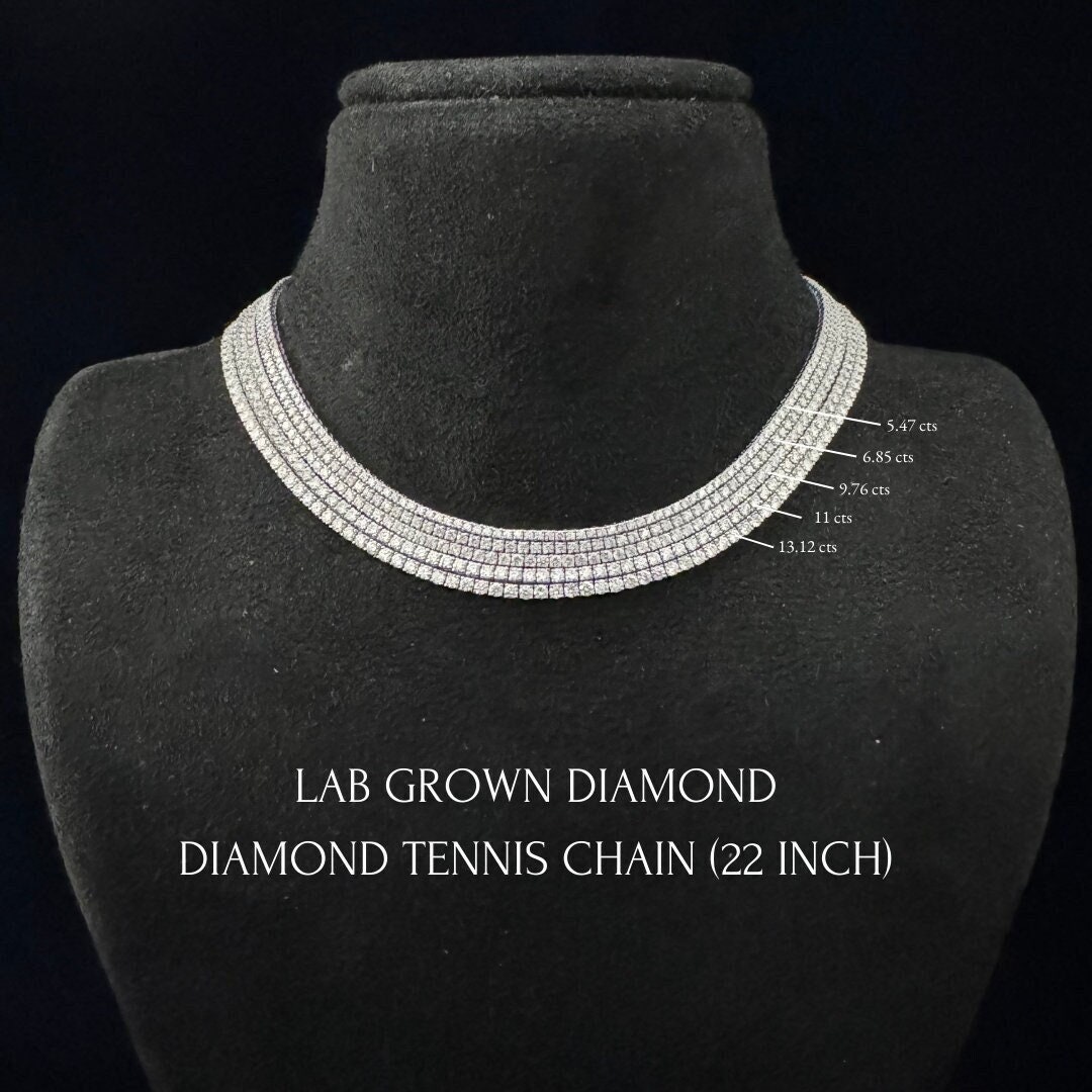 Diamond Tennis Chain. 22 Inch Lab Grown Diamond Tennis Necklace. 14K ...
