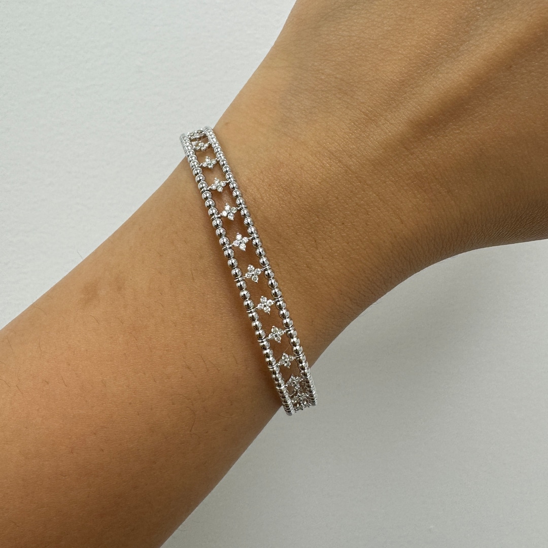 Real Natural Diamond Bracelet, Beaded Flexible Bangle, Flower Cluster ...