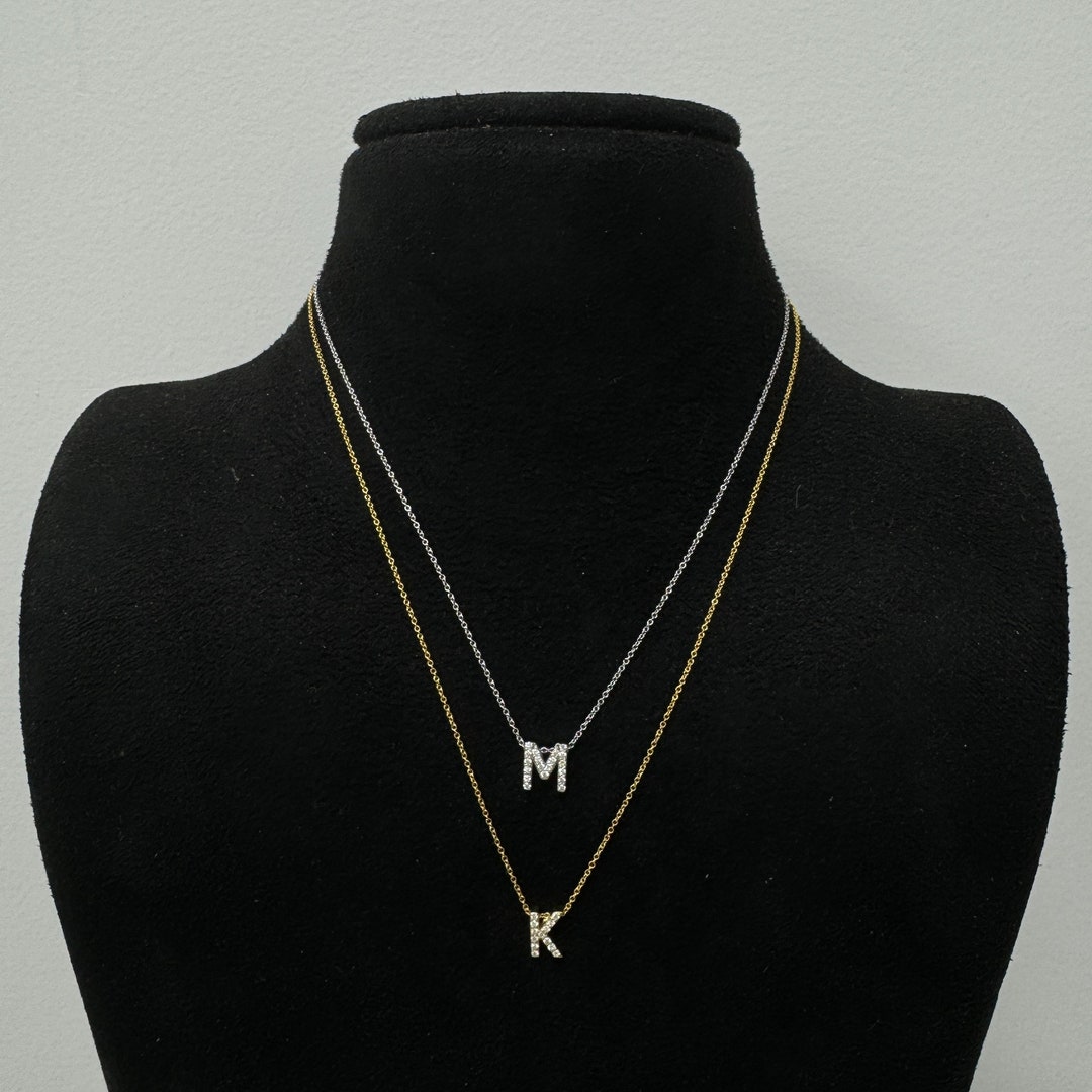 14K Solid Gold Diamond Initial Necklace. Real Natural Diamond Letter ...