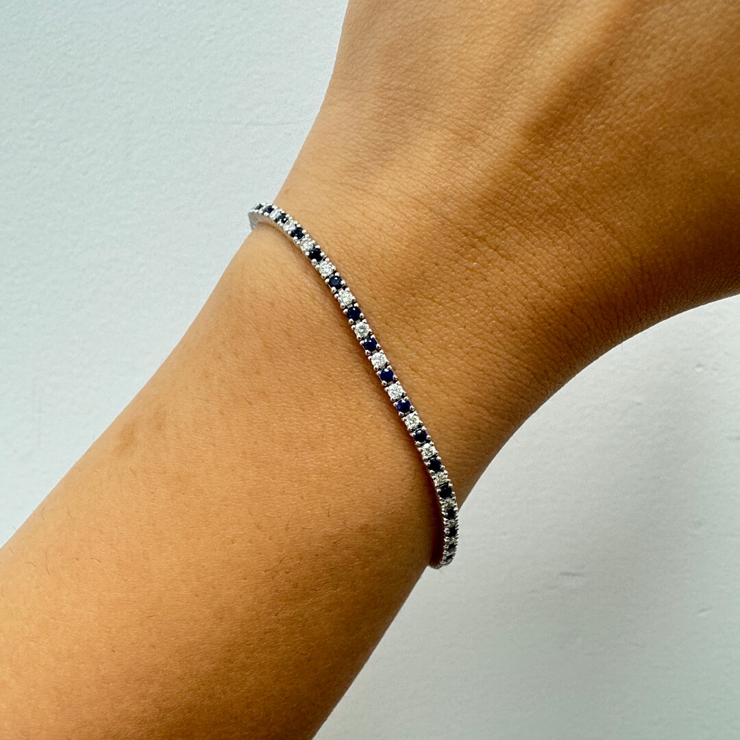 Sapphire and Real Natural Diamond Bracelet. 14K Solid Gold Prong ...