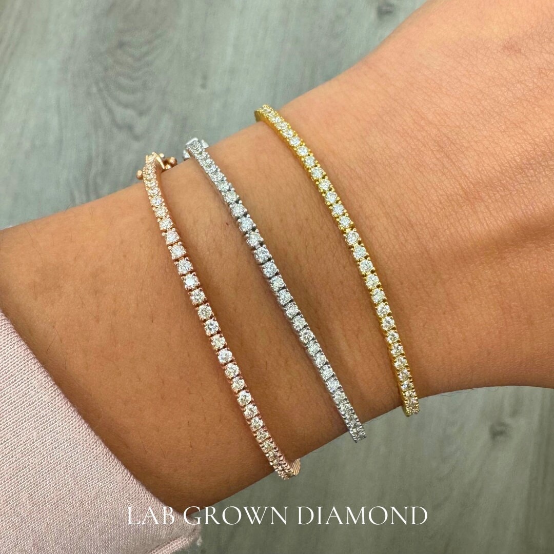 2 Carat Lab Grown Diamond Tennis Bracelet, Lab Round Diamond Bracelet, 14K White, Yellow and ...