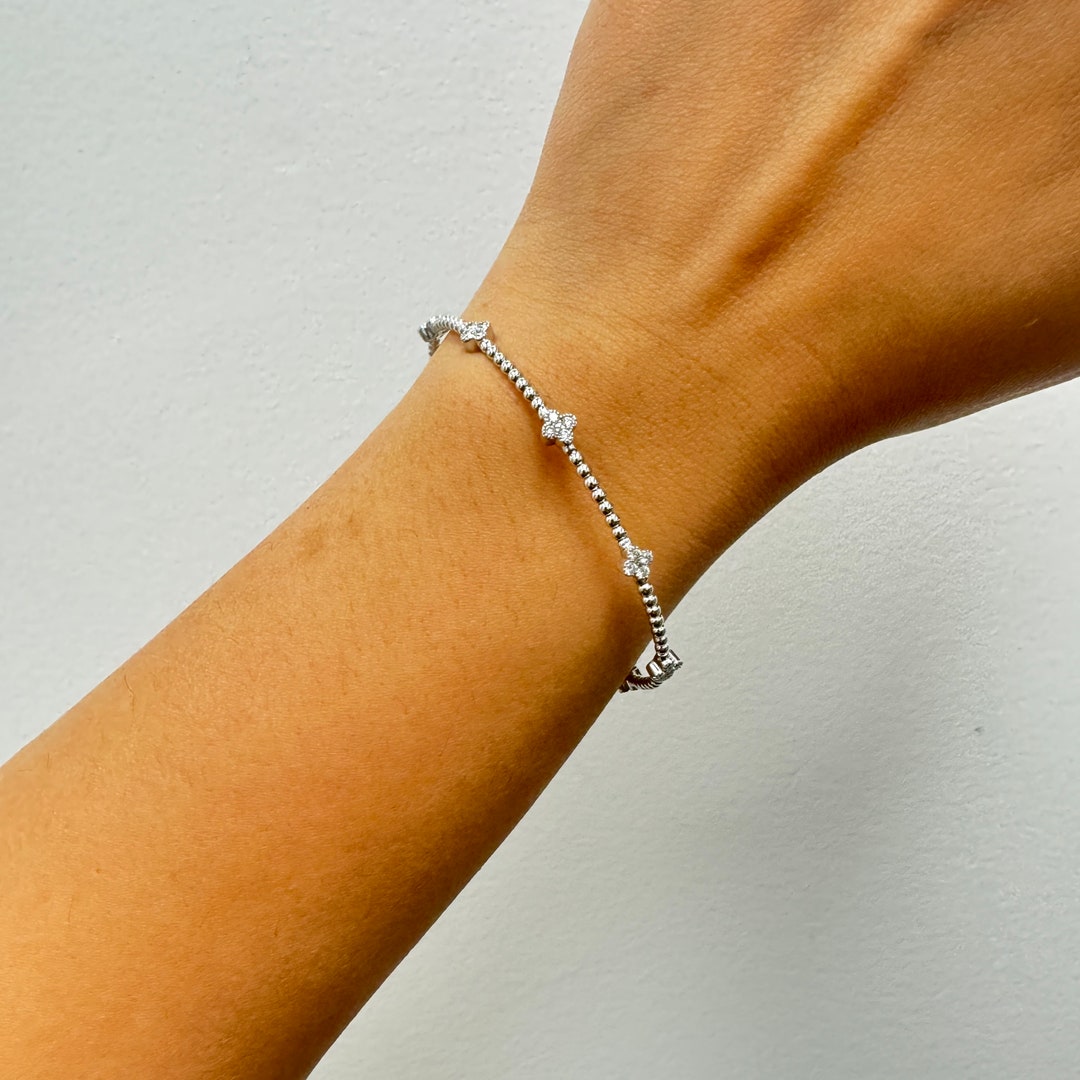 Real Natural Diamond Bracelet, Beaded Flexible Bangle, Flower Cluster ...