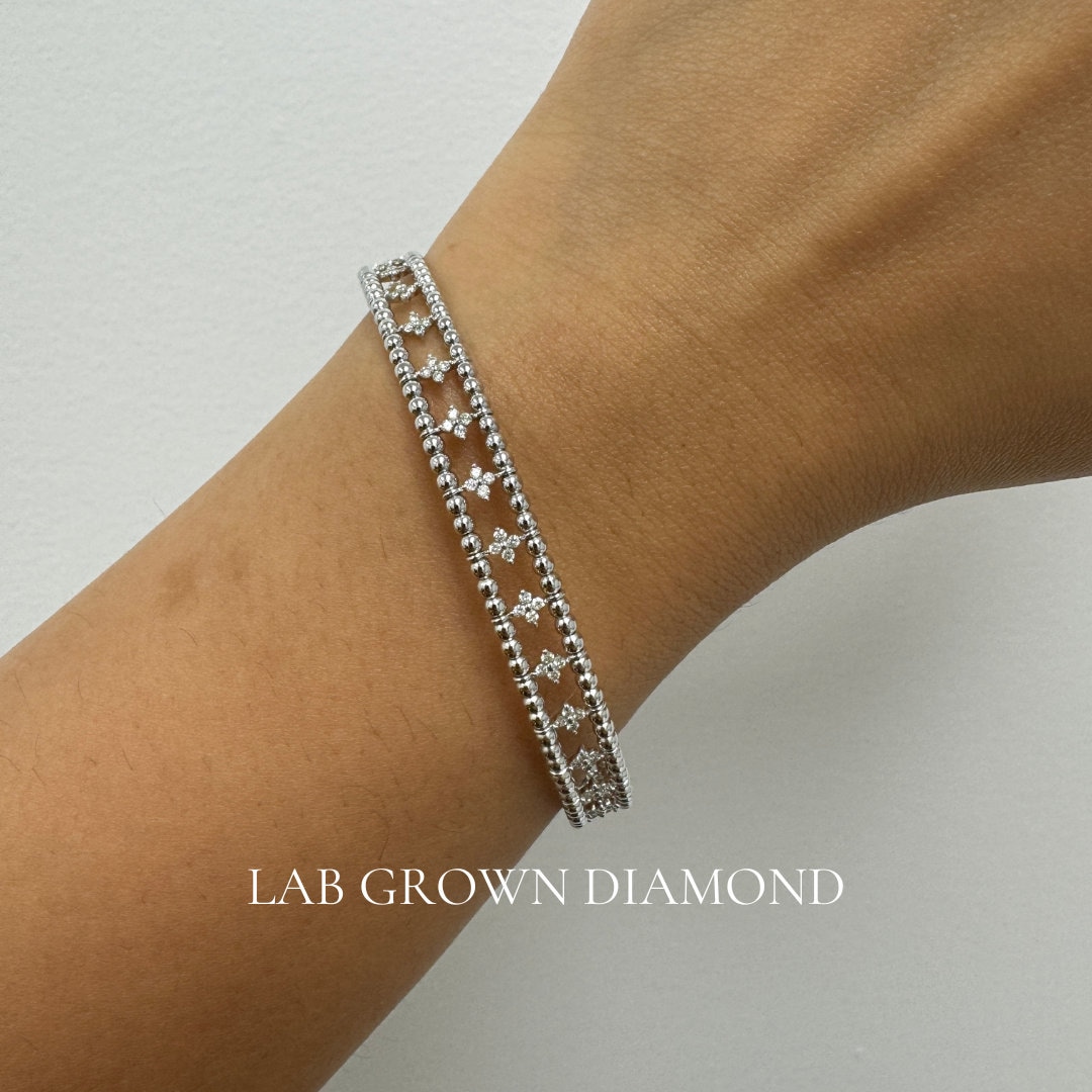 Lab Grown Diamond Bracelet, Beaded Flexible Bangle, Flower Cluster, 14k ...