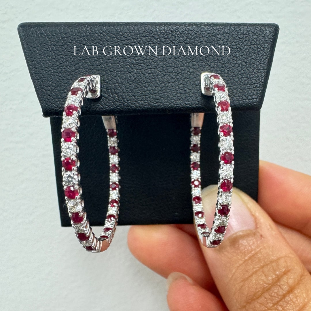 14K Ruby and Diamond Alternating Hoops. Solid Gold Hoops. Stylish Hoop ...