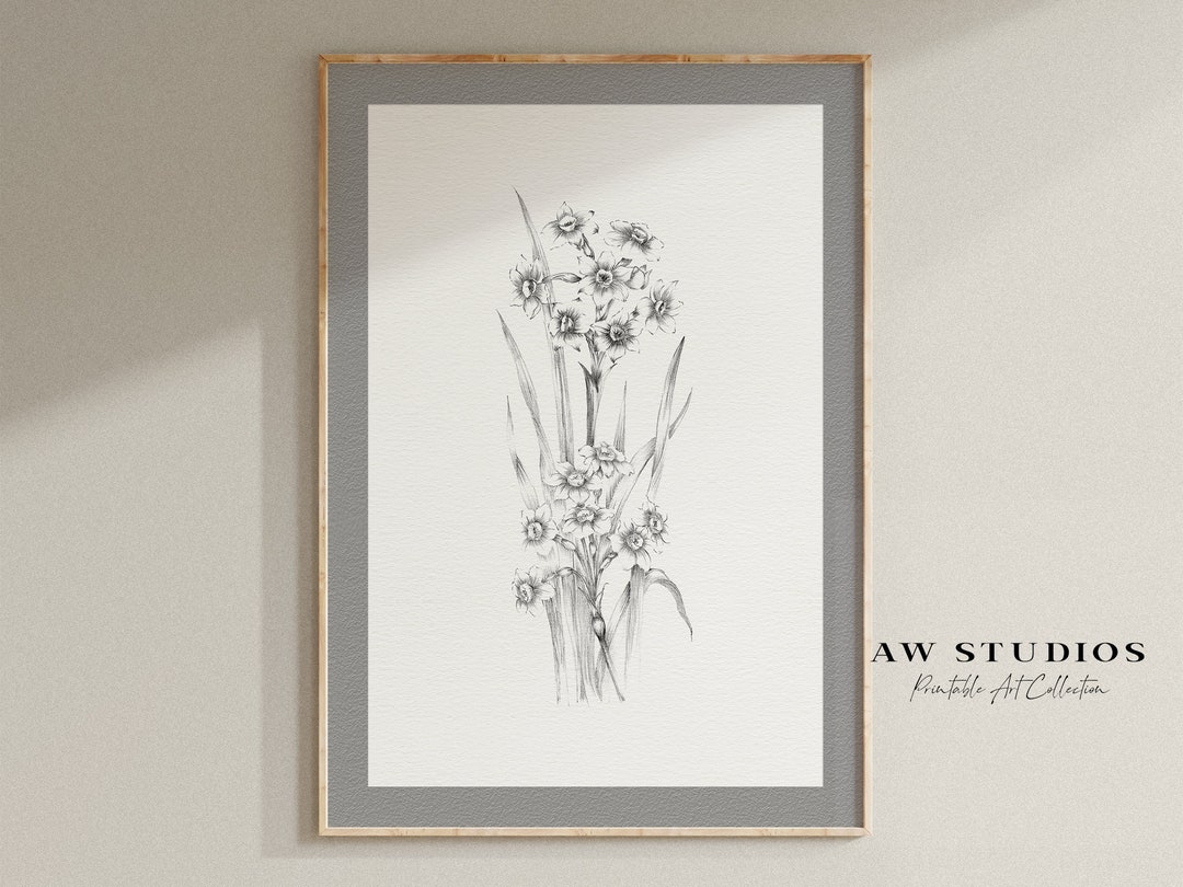 Graphite Sketch Flower Printable Artwork Minimalist Wall - Etsy