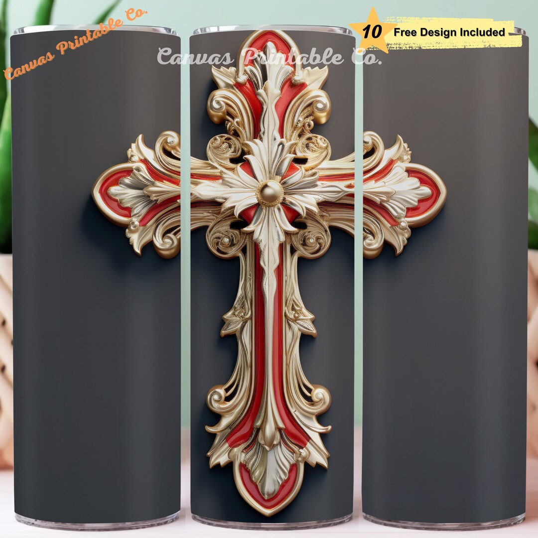 3D Gold Red Cross Tumbler Wrap Sublimation 20oz Skinny Straight Tumble ...