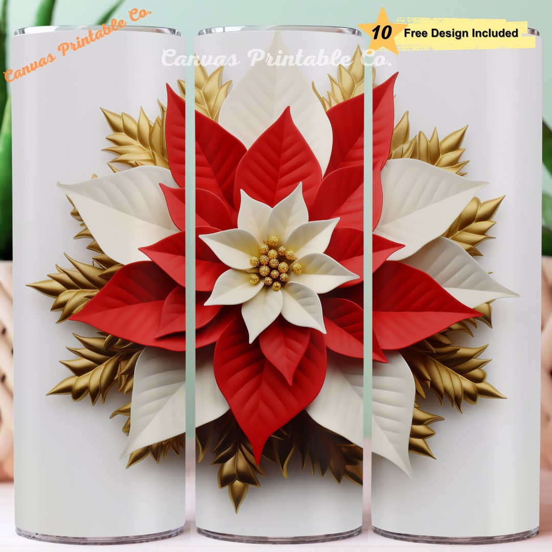 3D Red Gold Poinsettia Tumbler Wrap Sublimation 20oz Skinny Straight ...