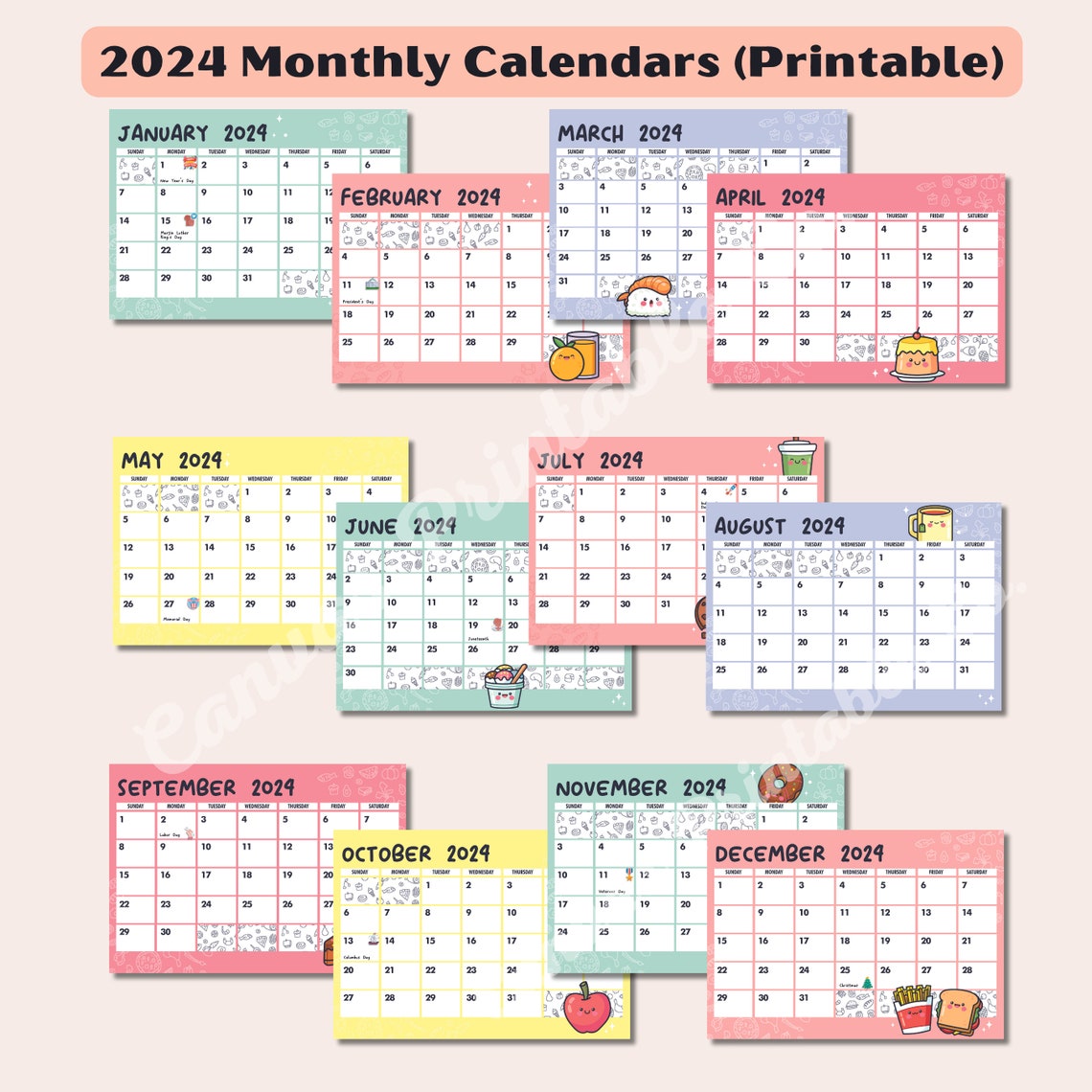 Cute Food Printable Calendars 2024 Editable Cute Food Calendars 2024 ...