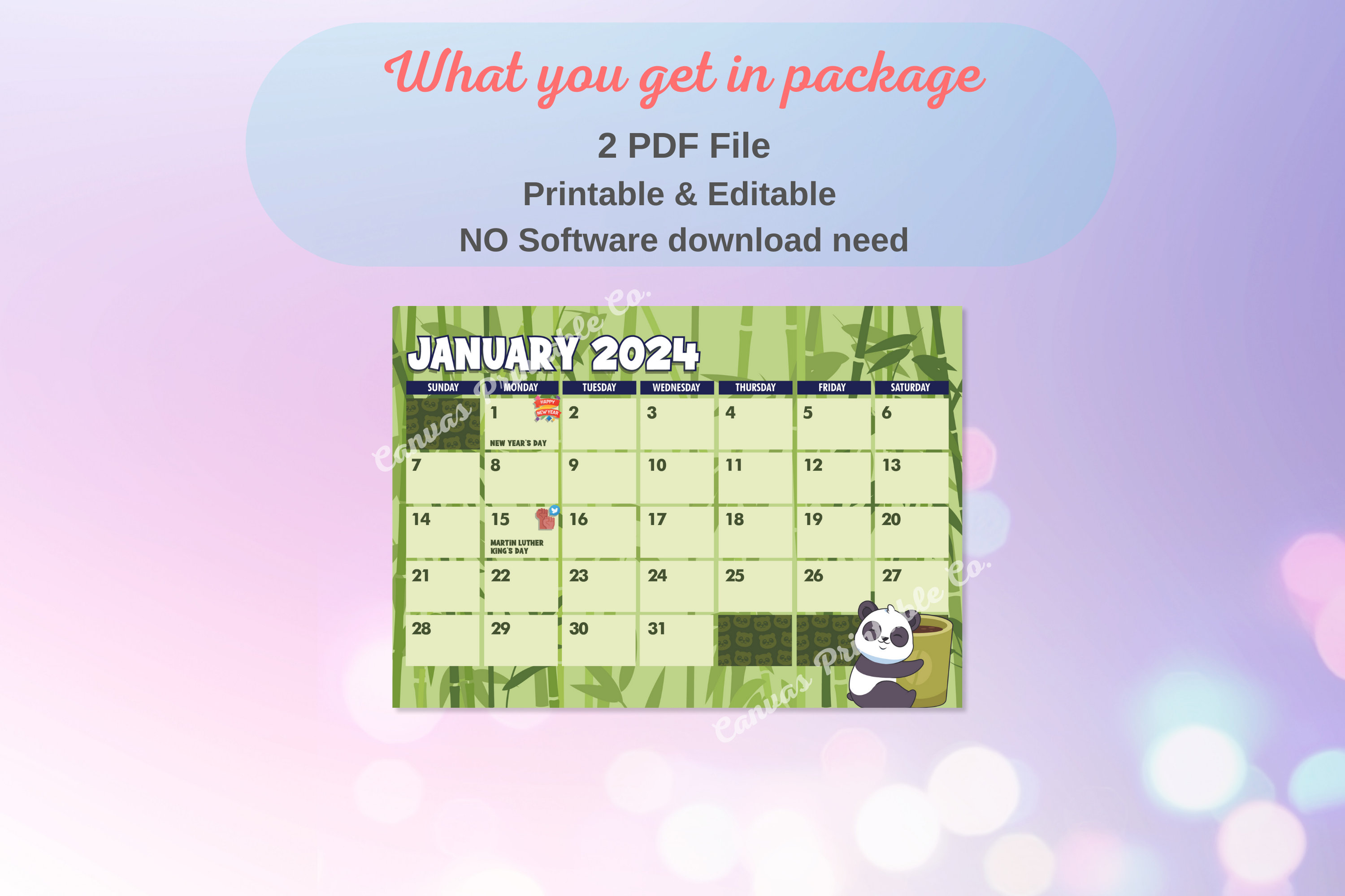 Panda Printable Calendars 2024 Editable Cute Panda Bamboo Calendars ...
