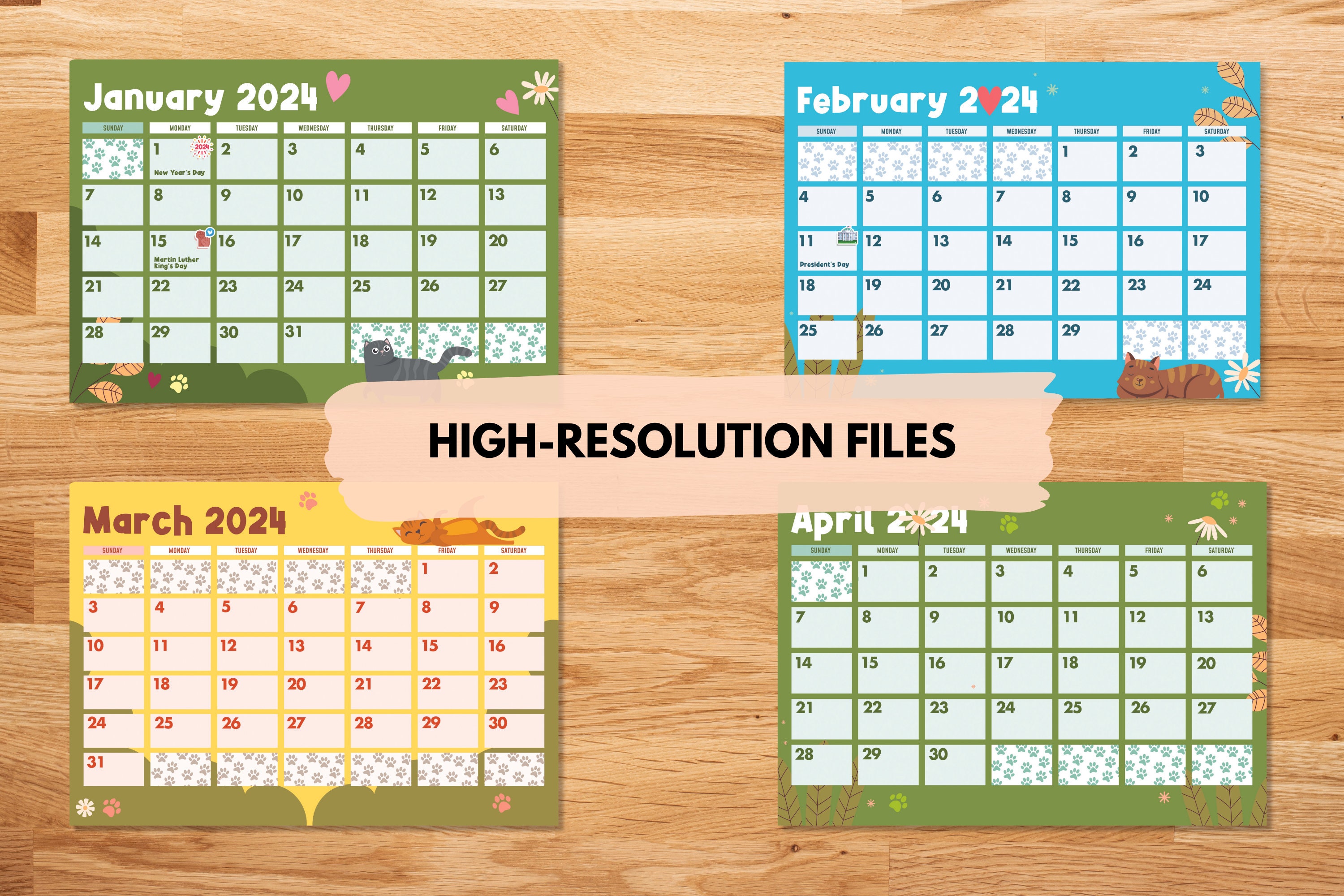 Printable Calendars 2024 Editable Cute Cat Calendars 2024 Kids ...