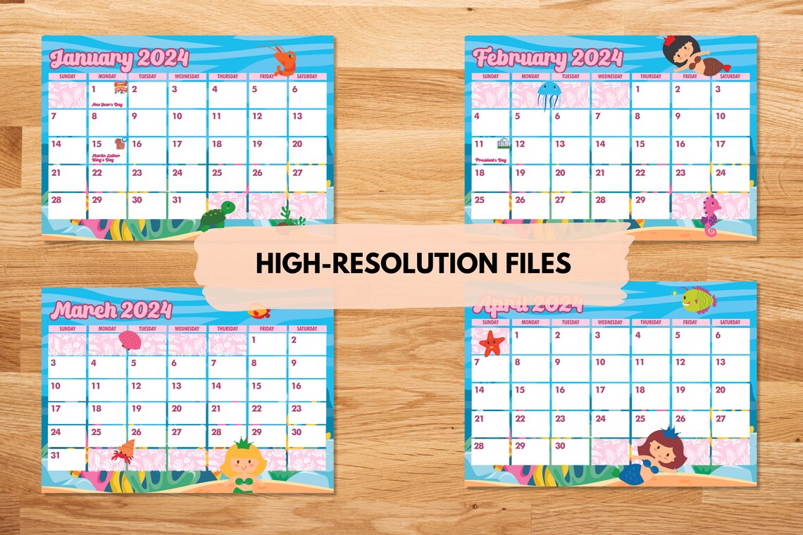 Mermaid Printable Calendars 2024 Editable Sea Mermaid Calendars 2024 ...