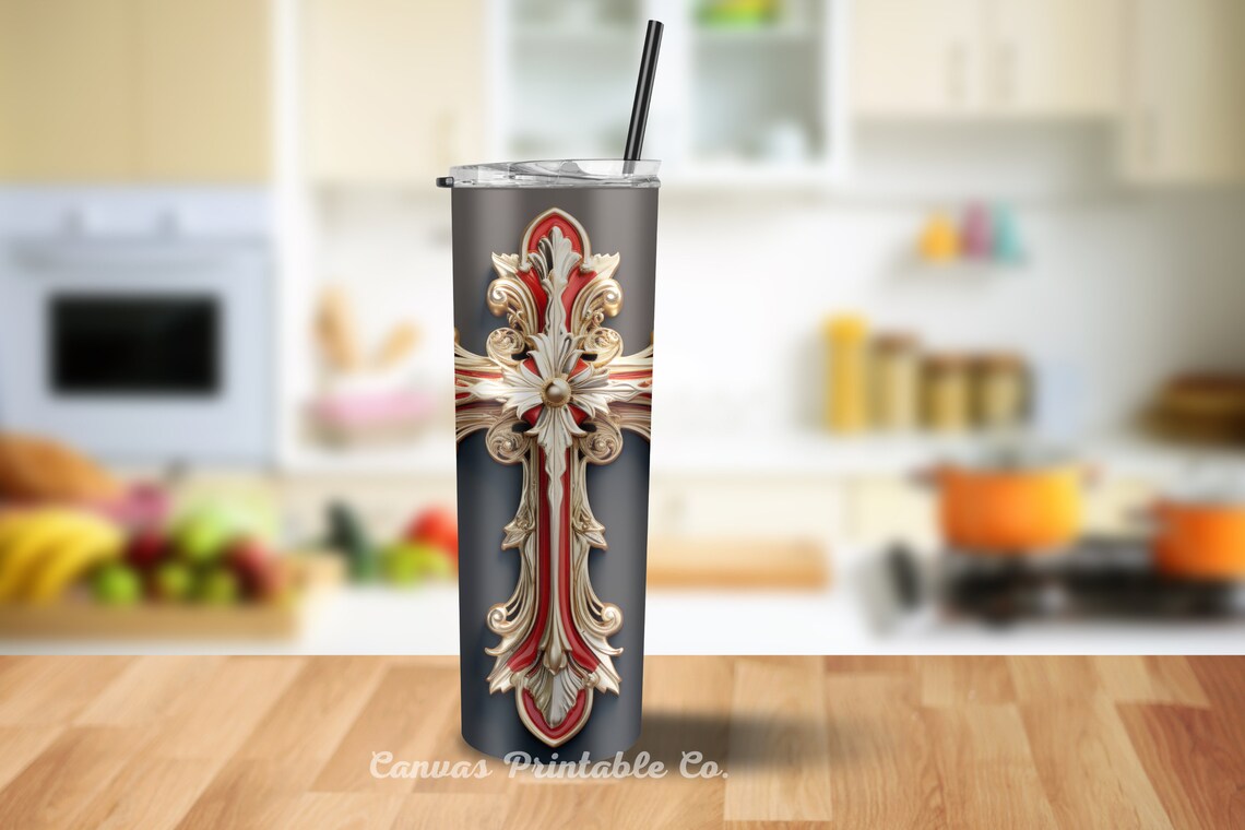 3D Gold Red Cross Tumbler Wrap Sublimation 20oz Skinny Straight Tumble ...