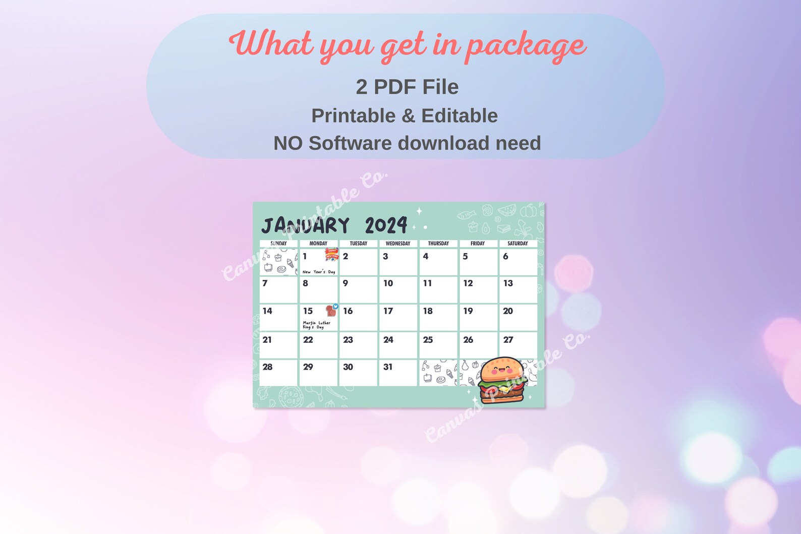 Cute Food Printable Calendars 2024 Editable Cute Food Calendars 2024 ...