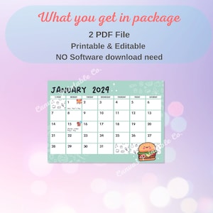 Cute Food Printable Calendars 2024 Editable Cute Food Calendars 2024 ...