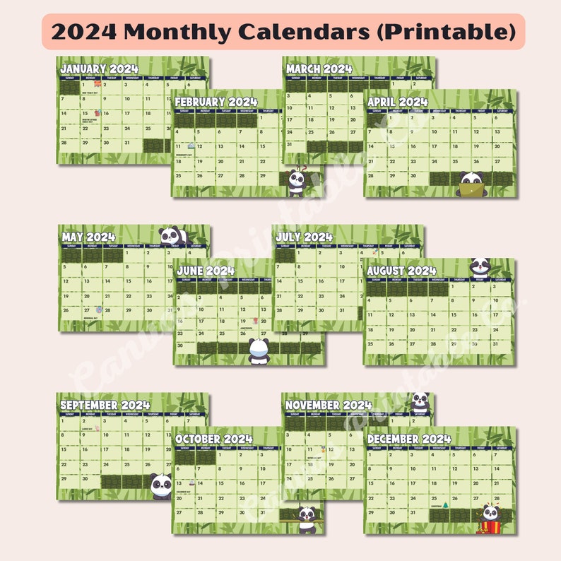 Panda Printable Calendars 2024 Editable Cute Panda Bamboo Calendars ...
