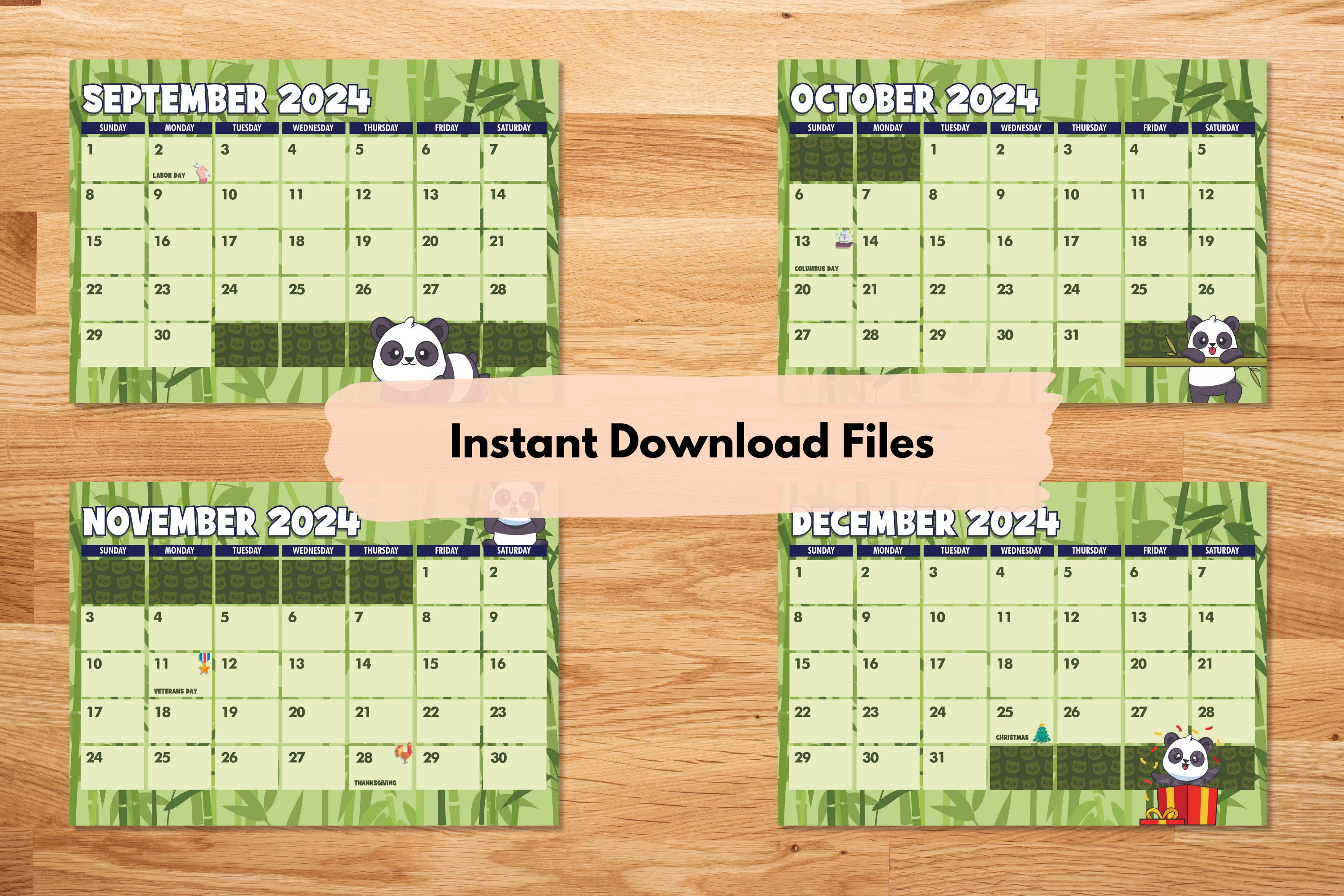 Panda Printable Calendars 2024 Editable Cute Panda Bamboo Calendars ...