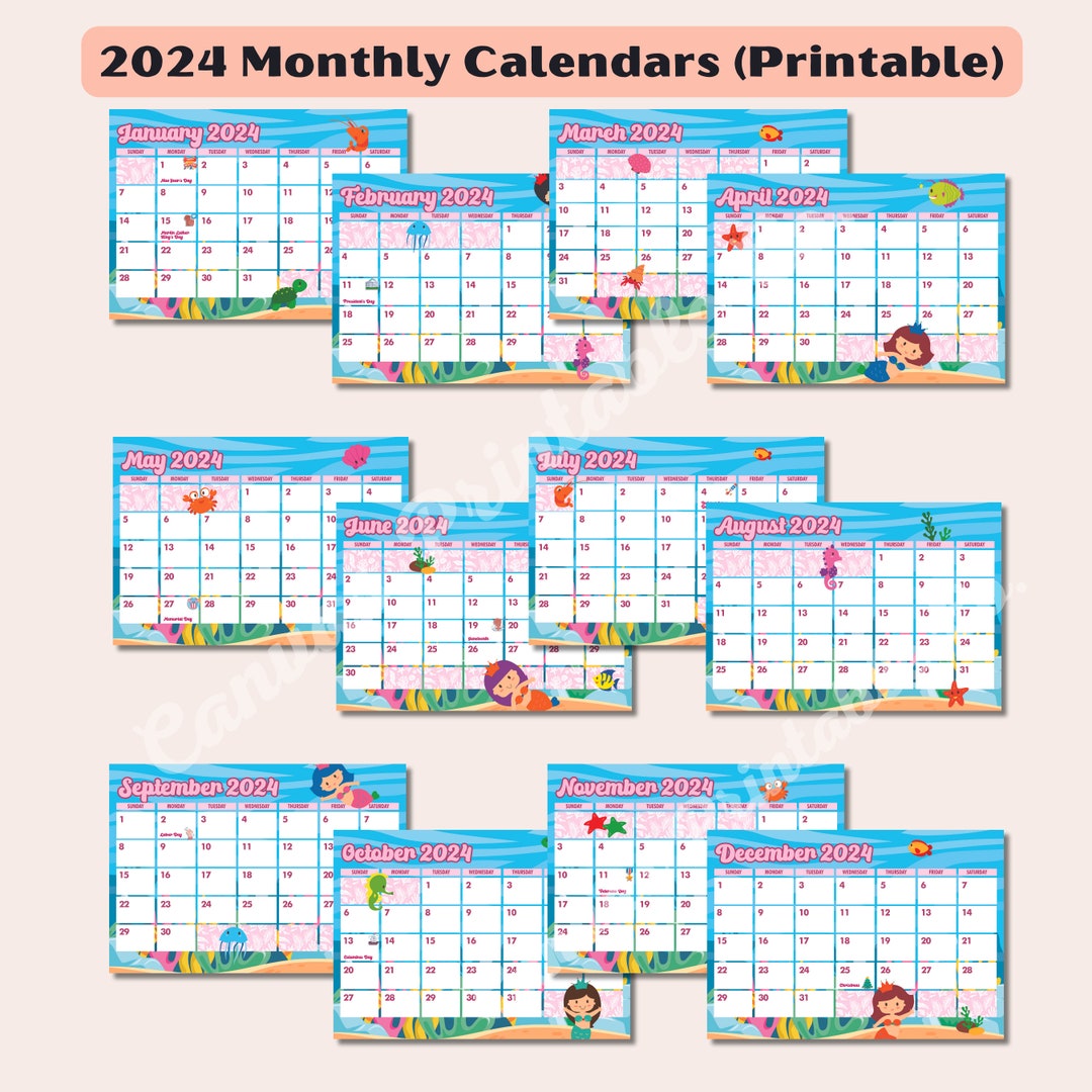Mermaid Printable Calendars 2024 Editable Sea Mermaid Calendars 2024 ...