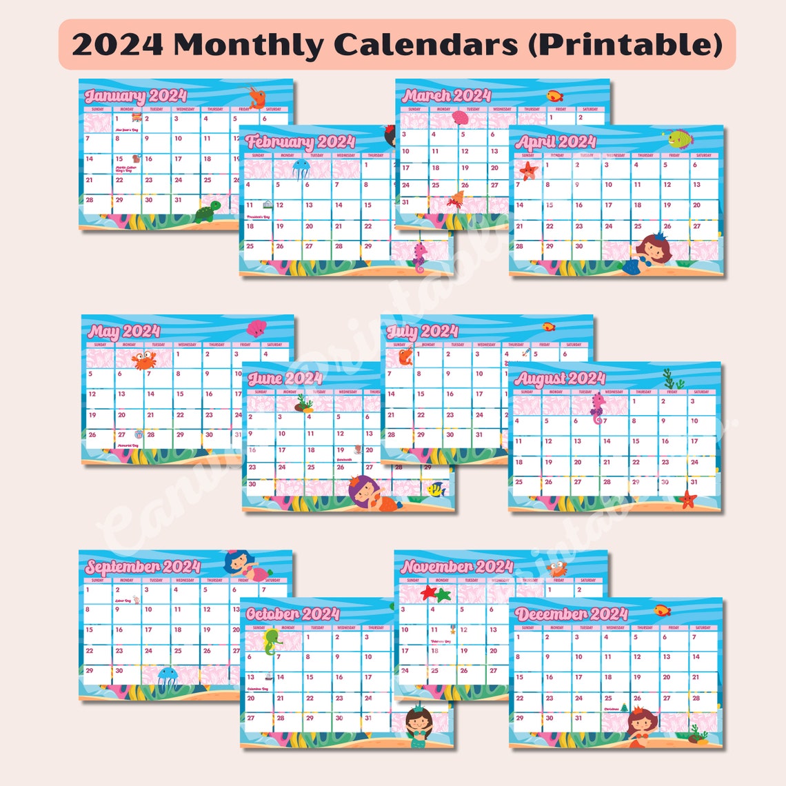 Mermaid Printable Calendars 2024 Editable Sea Mermaid Calendars 2024 ...
