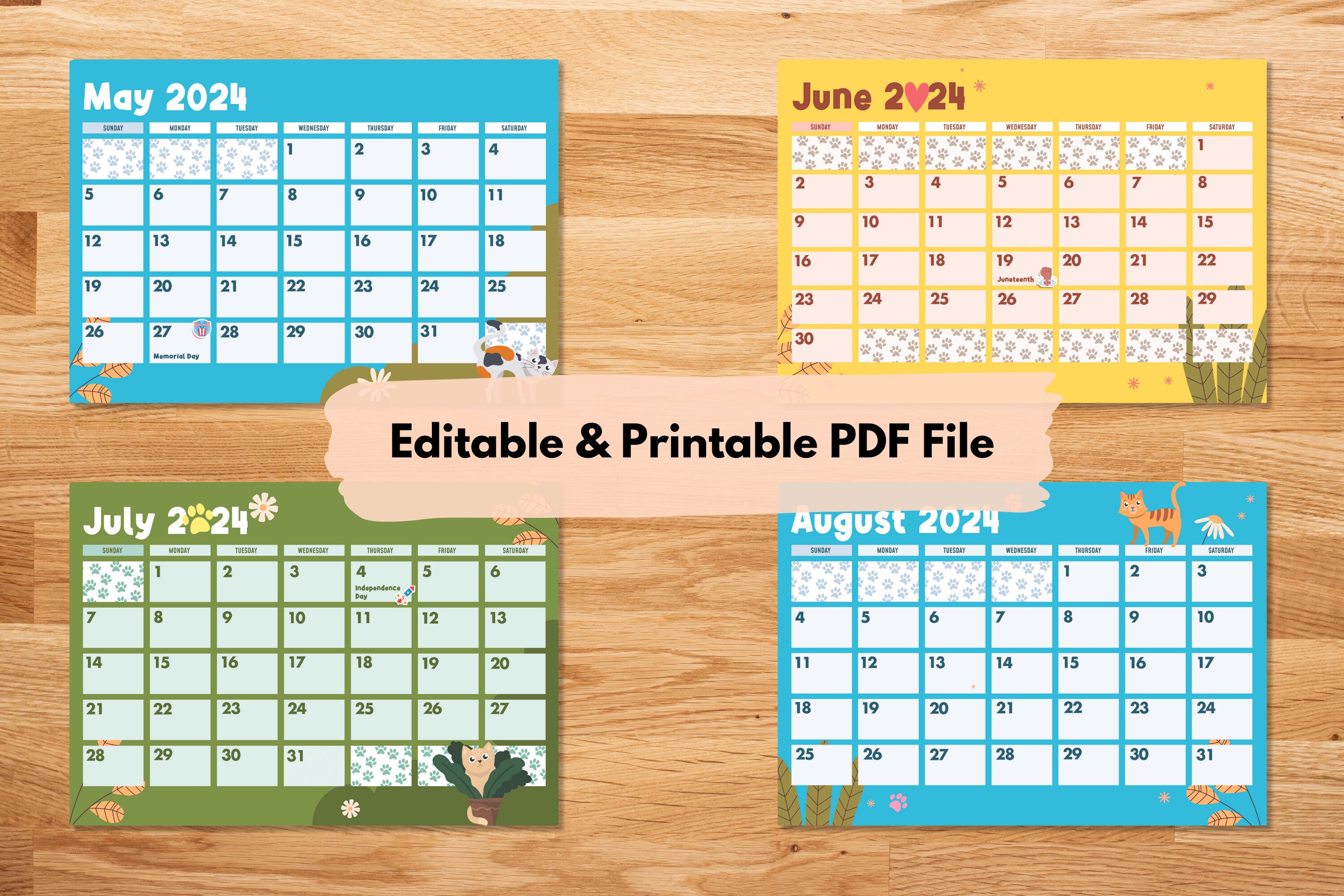 Printable Calendars 2024 Editable Cute Cat Calendars 2024 Kids ...