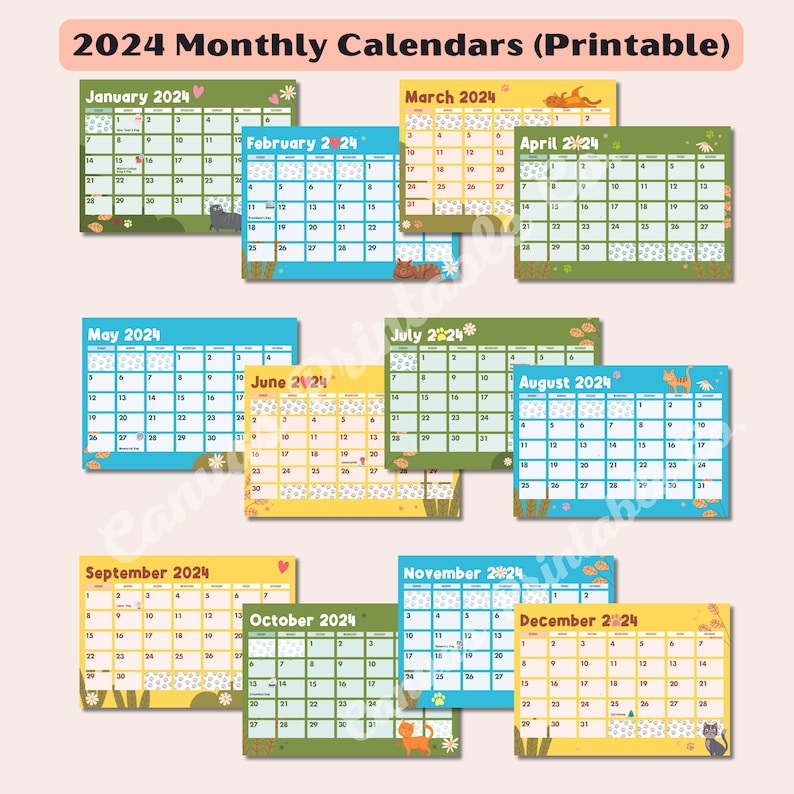 Printable Calendars 2024 Editable Cute Cat Calendars 2024 Kids ...