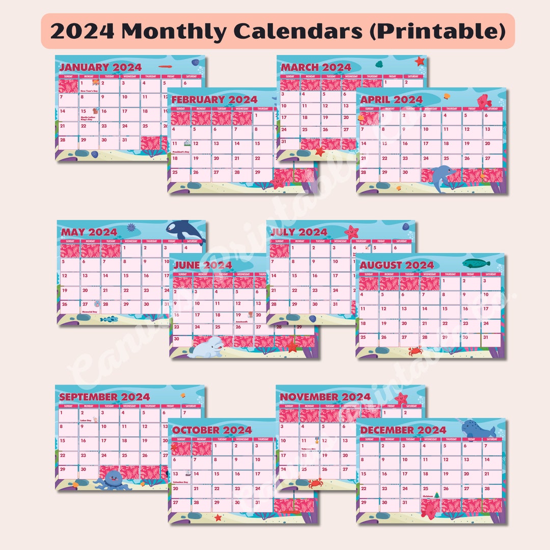 Sea Creatures Printable Calendars 2024 Editable Pink Sea Creature ...