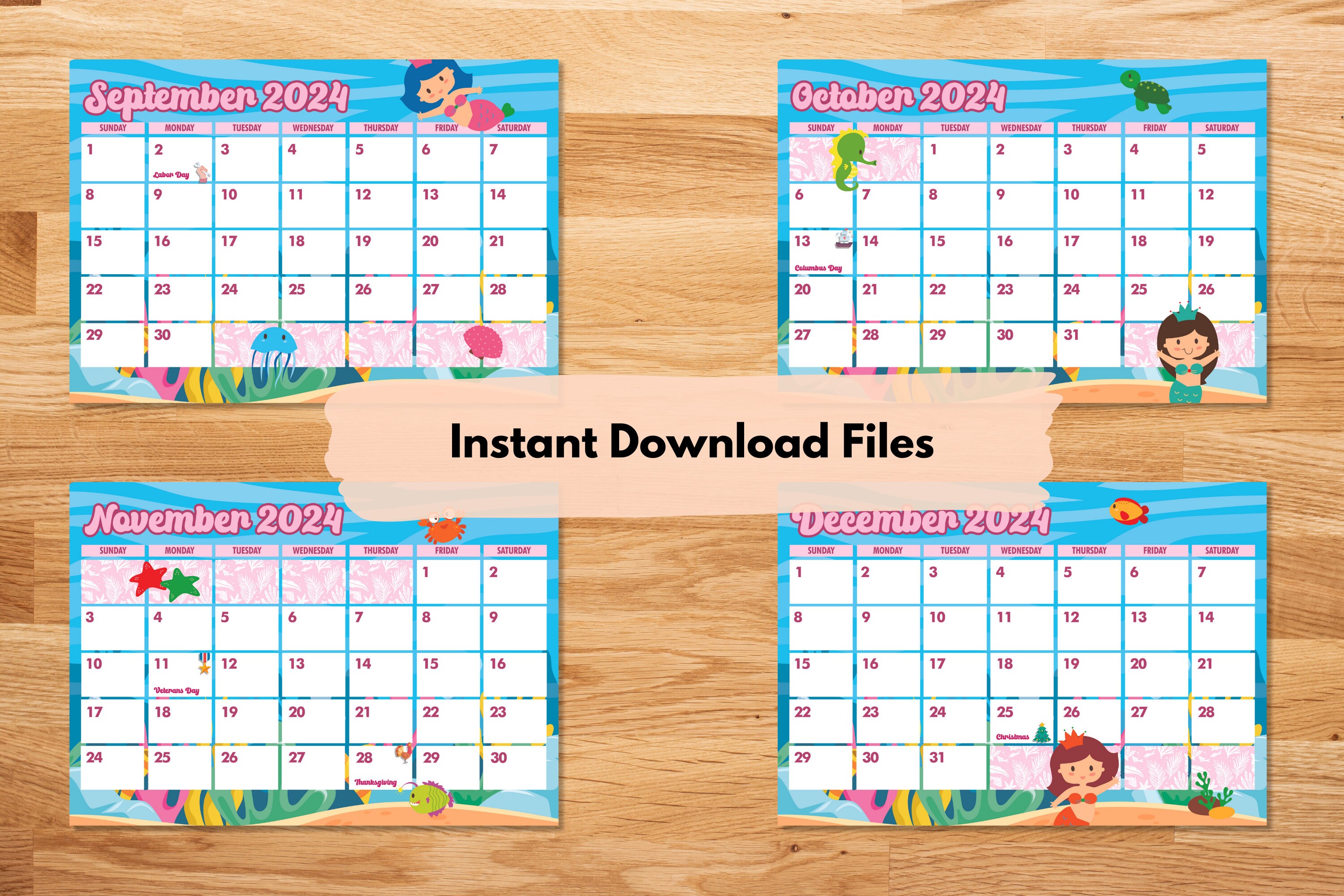 Mermaid Printable Calendars 2024 Editable Sea Mermaid Calendars 2024 ...