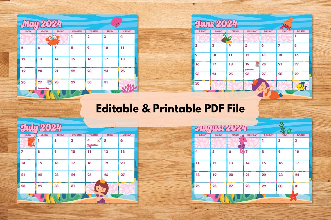 Mermaid Printable Calendars 2024 Editable Sea Mermaid Calendars 2024 ...