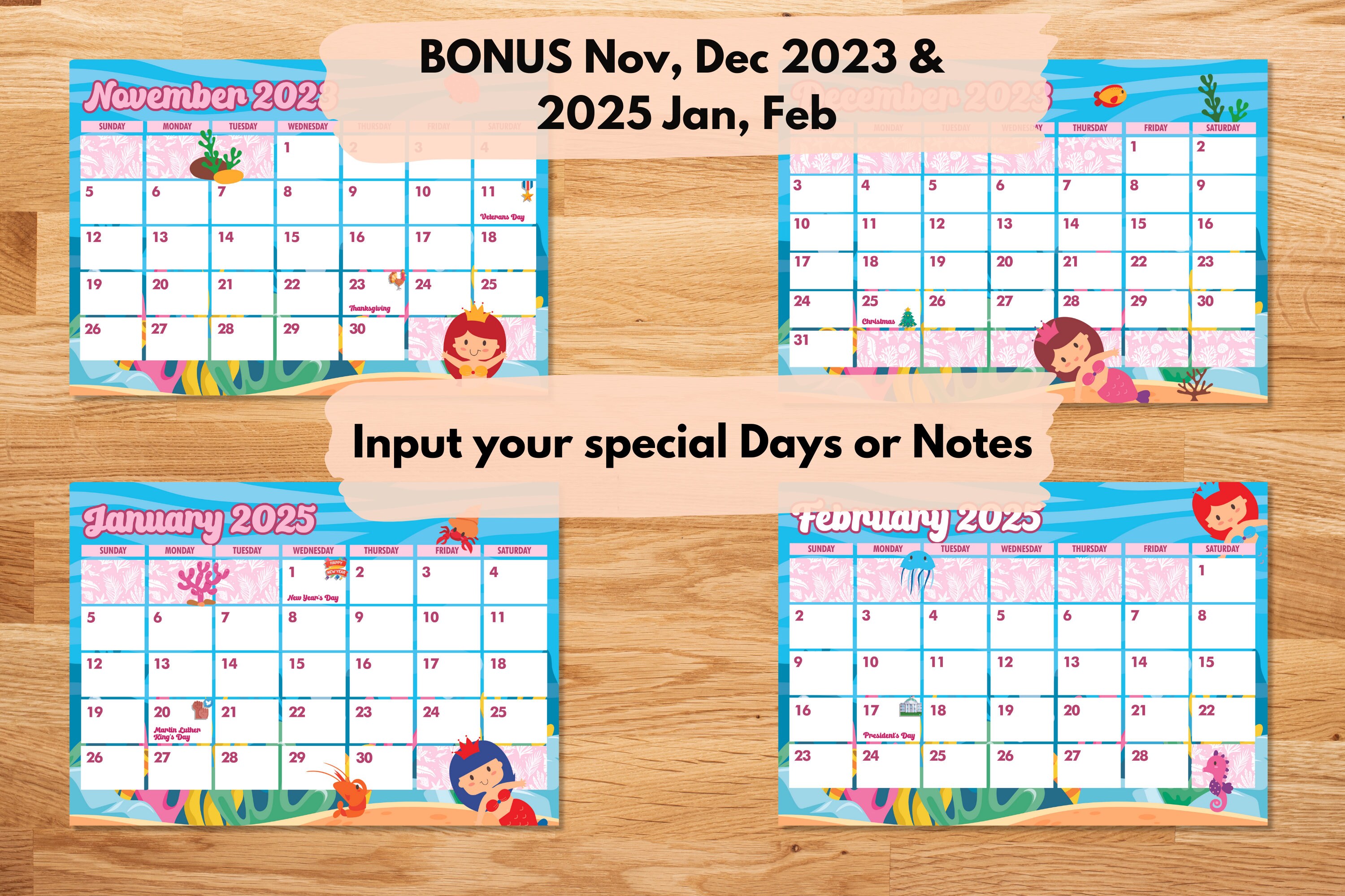 Mermaid Printable Calendars 2024 Editable Sea Mermaid Calendars 2024 ...
