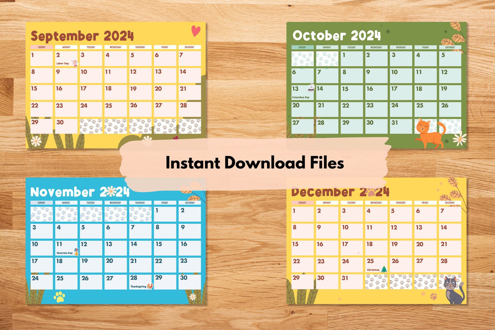 Printable Calendars 2024 Editable Cute Cat Calendars 2024 Kids ...