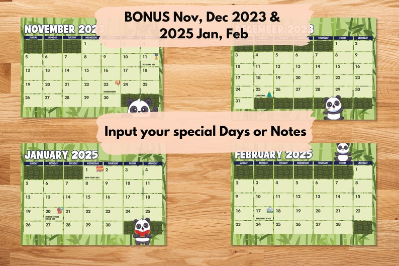 Panda Printable Calendars 2024 Editable Cute Panda Bamboo Calendars ...