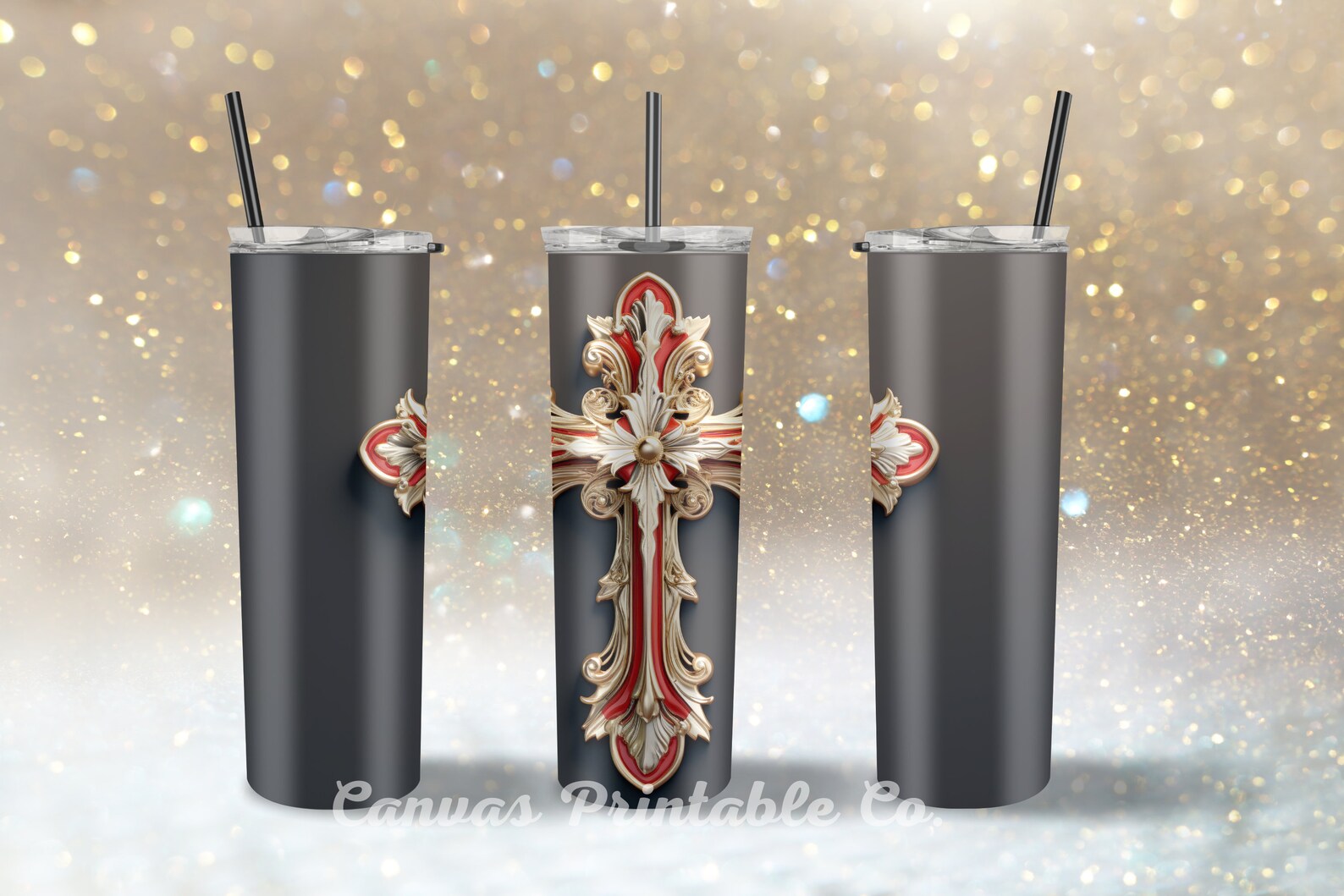 3D Gold Red Cross Tumbler Wrap Sublimation 20oz Skinny Straight Tumble ...