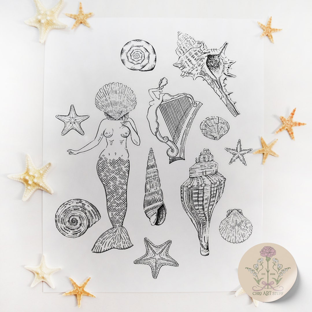 Deep Dive Sticker Sheet Black Mermaid & Seashell Illustration, Nautical ...