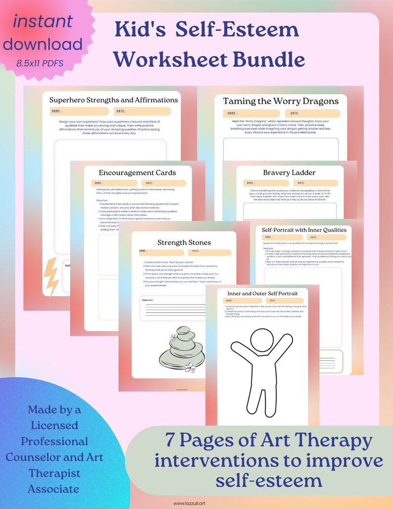 Kid's Self-esteem Art Therapy Worksheet Bundle - Etsy